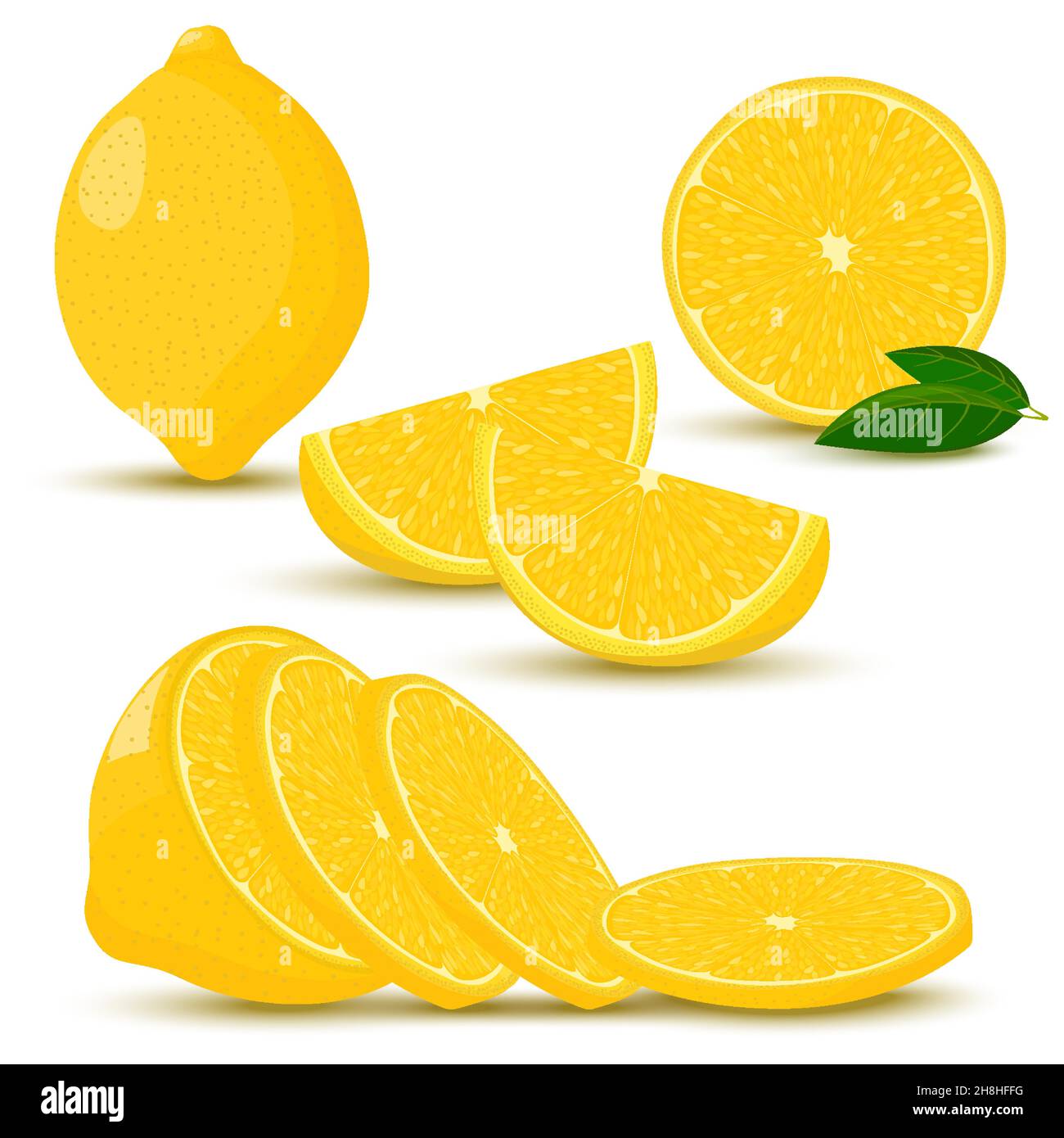 Set of lemons. A whole lemon, half, a piece and a slice of lemon. Fruit ...