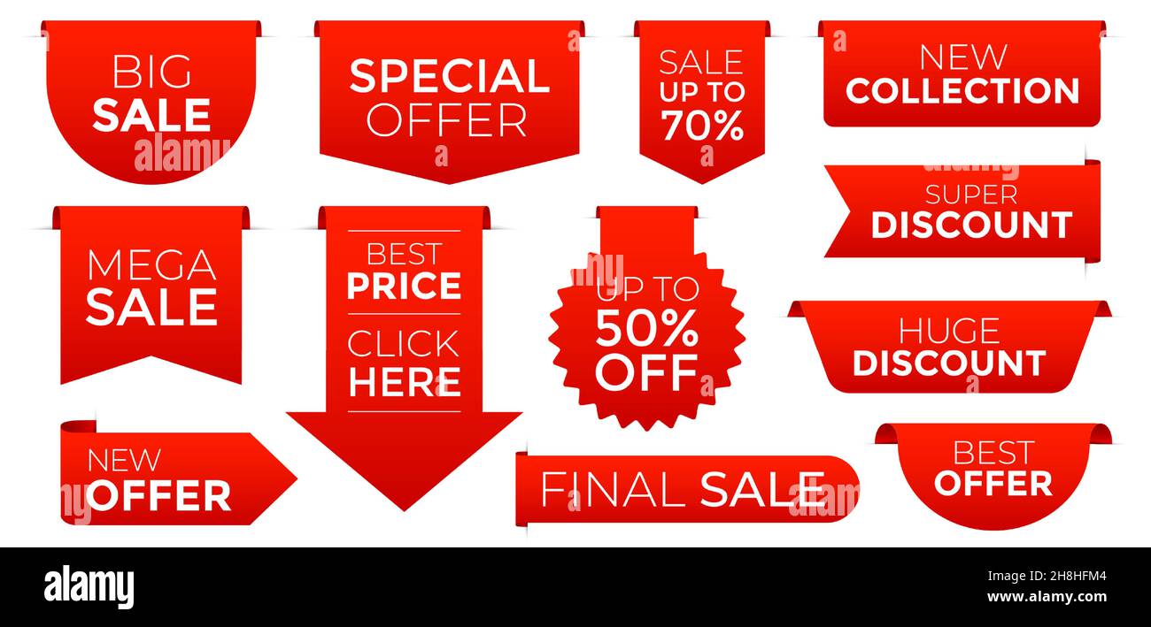 Vector set of different shape red sale tags, isolated on white ...