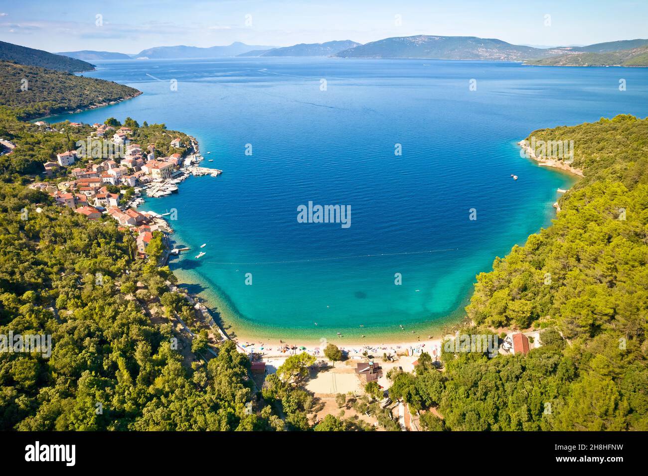 Beach in Valun village on Cres island aerial view, nautical destination ...