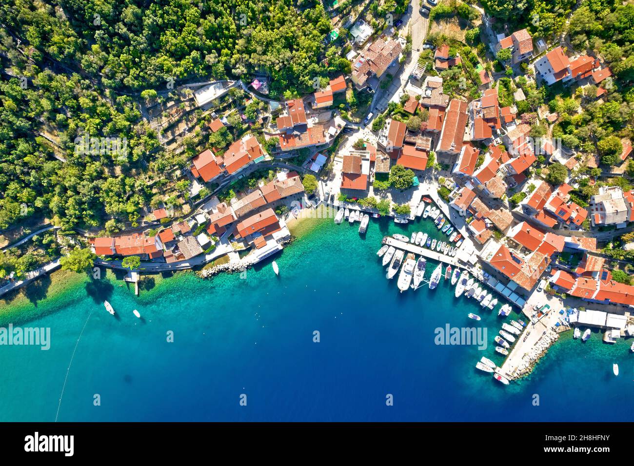 Valun sailing village bay on Cres island aeial view, Kvarner region of ...