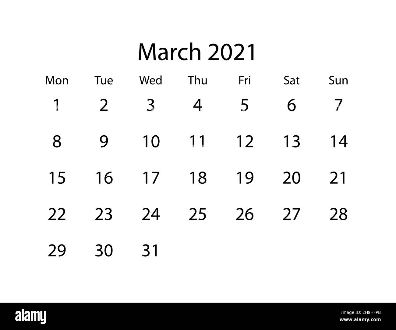 Vector calendar for month Marsh 2021 on white background eps Stock ...