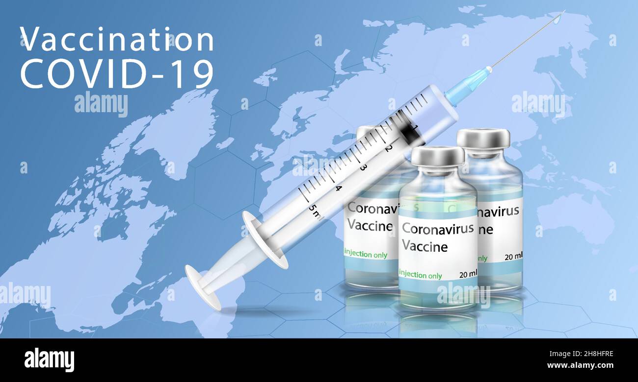 Coronavirus vaccination banner with covid-19 vaccine bottle, syringe on ...