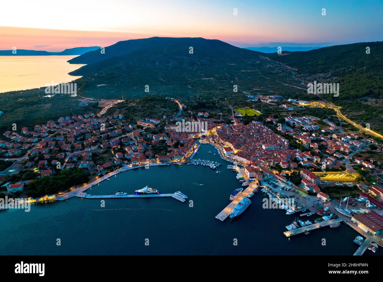 Town of Cres harbor aerial evening view, Island of Cres, Kvarner region ...
