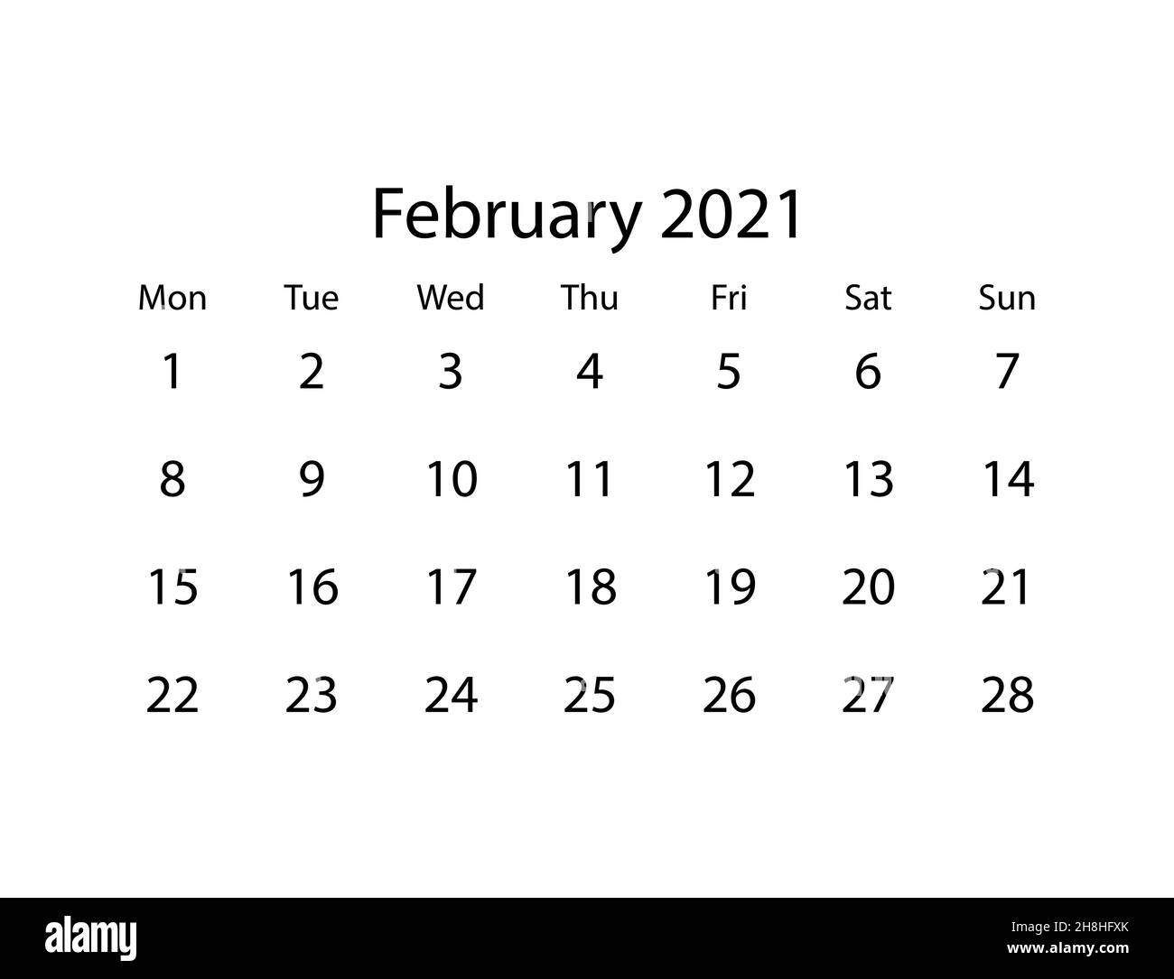 Vector calendar for month February 2021 on white background Stock ...