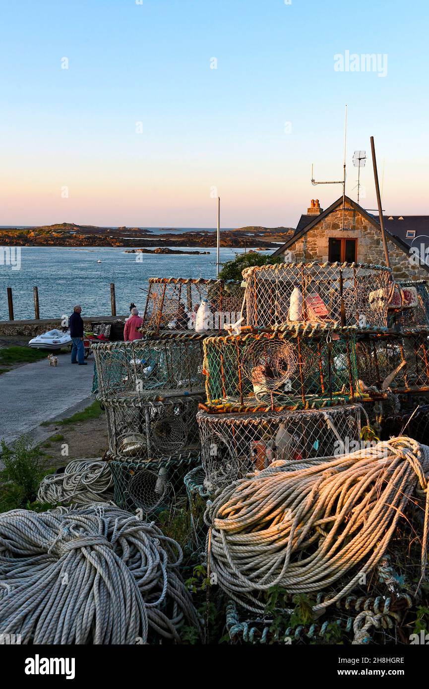 France, Manche, Chausey Islands, sunset over the Sound and its pier ...