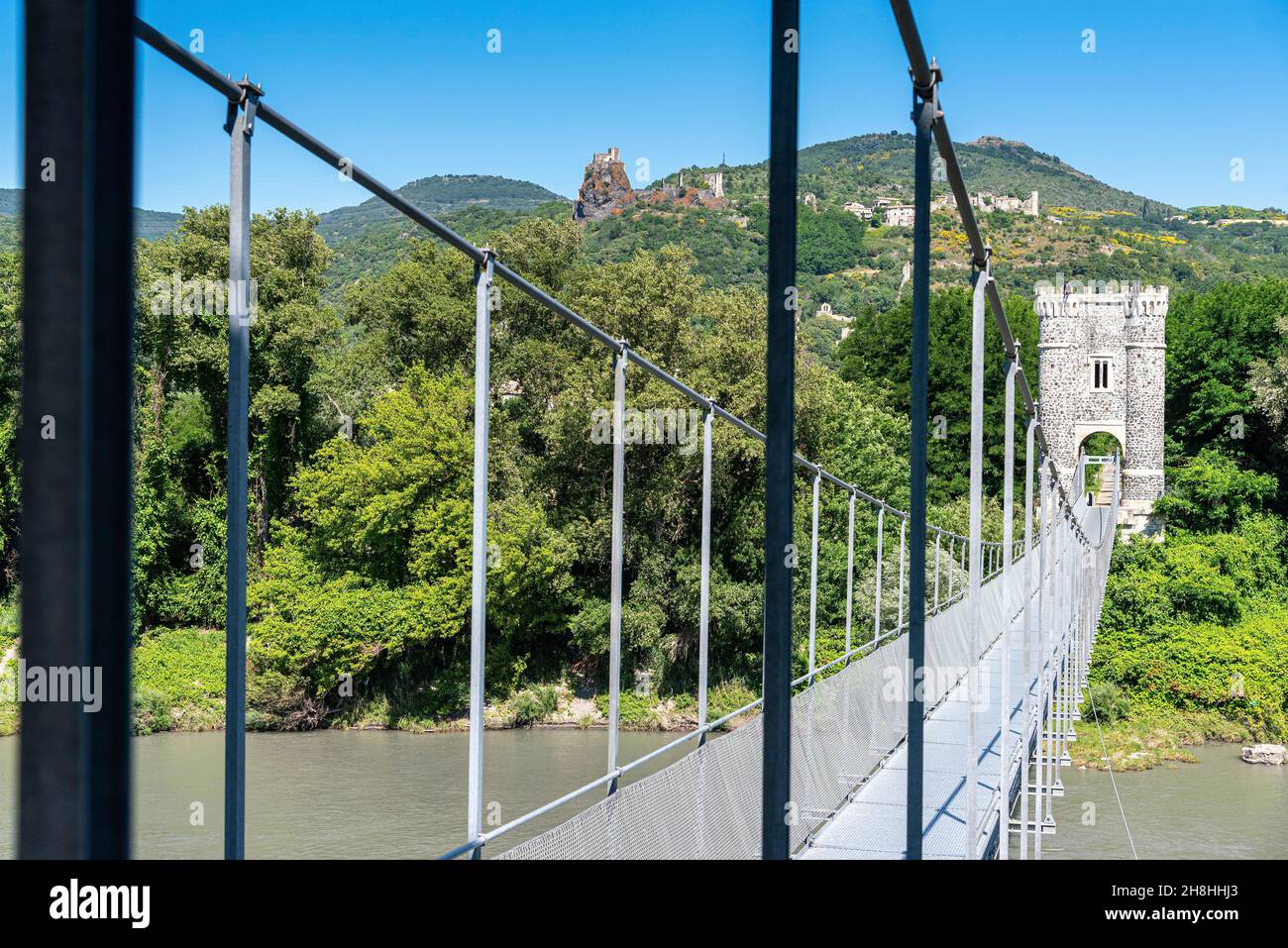 France, Ardeche, ViaRhôna, Rochemaure, the castle and the footbridge of ...
