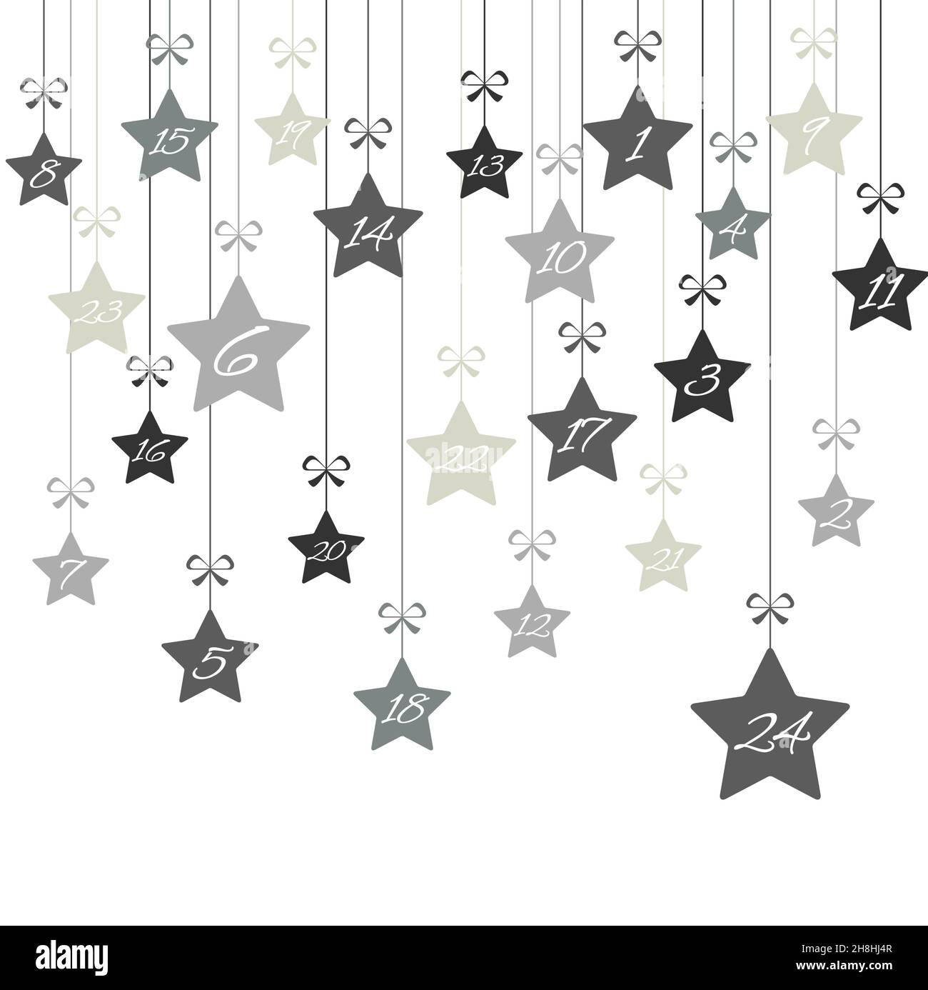 hanging christmas stars colored gray with numbers 1 to 24 showing ...