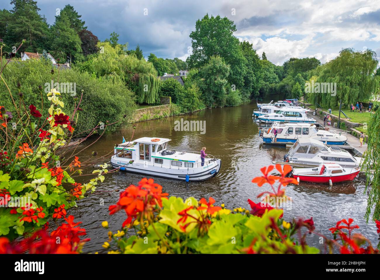 France, Morbihan, La Gacilly, the marina on the banks of the Aff river ...