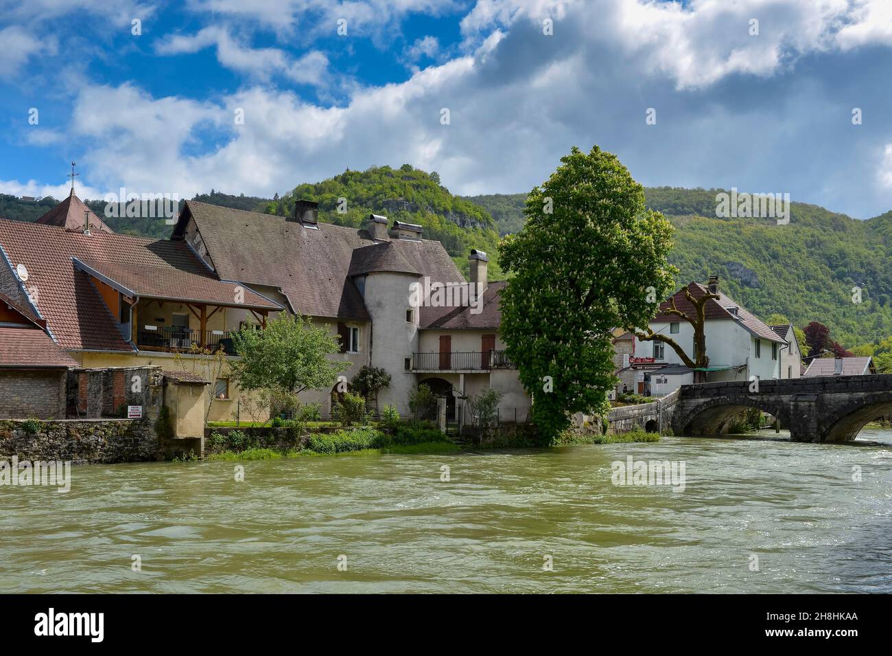 France, Doubs, Vuillafans, Via Francigena, the Loue river crosses the ...