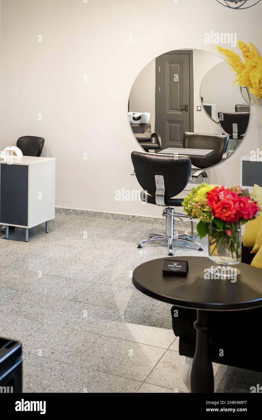 Interior of modern bright hair salon, manicure salon, or beauty salon ...