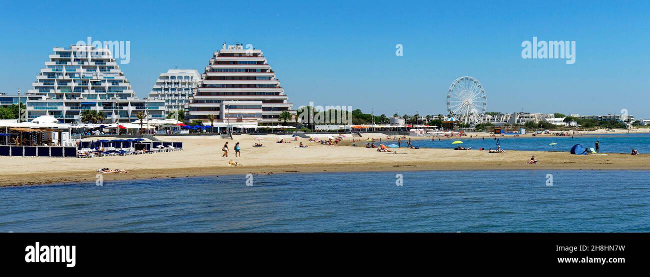 France, Herault, La Grande Motte, the resort beach with pyramidal ...