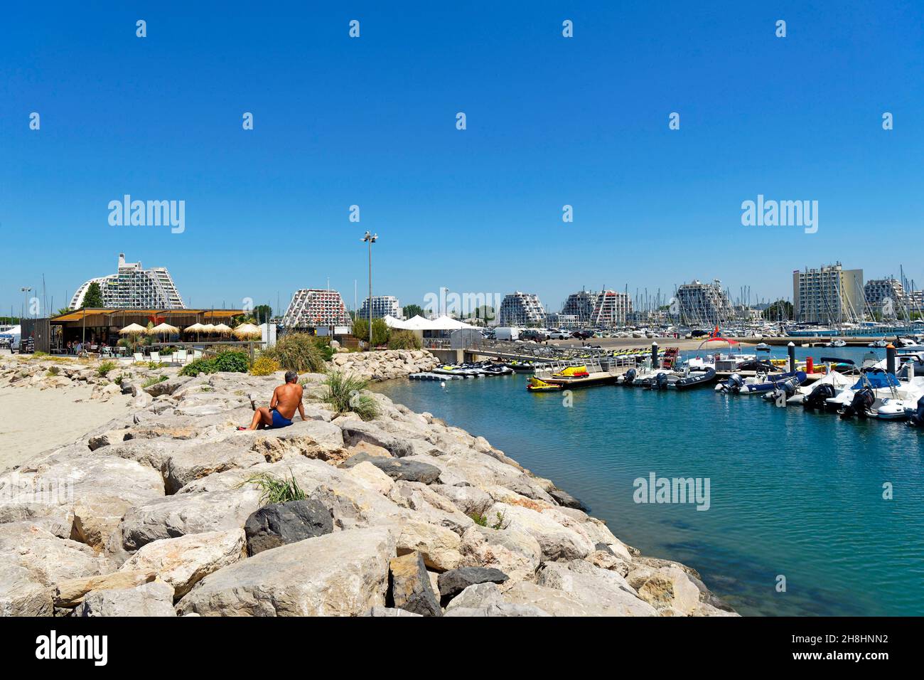 France, Herault, La Grande Motte, the resort beach with pyramidal ...