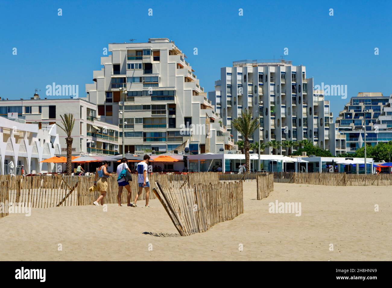 France, Herault, La Grande Motte, the resort beach with pyramidal ...