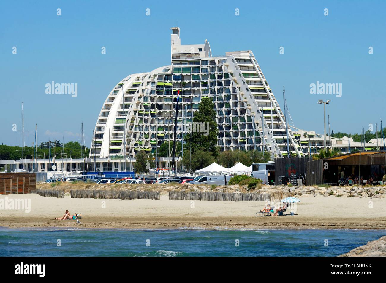 France, Herault, La Grande Motte, the resort beach with pyramidal ...
