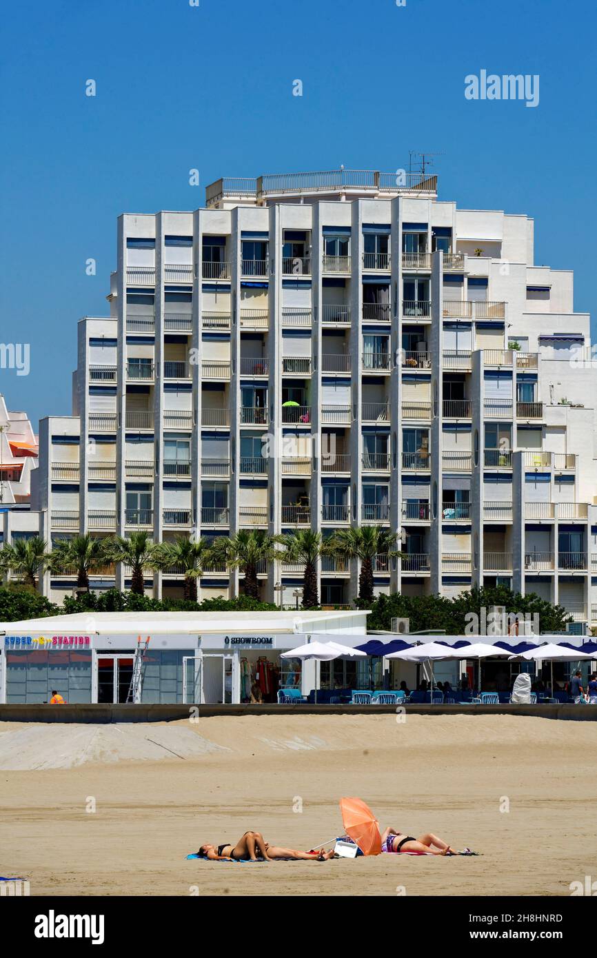 France, Herault, La Grande Motte, the resort beach with pyramidal ...