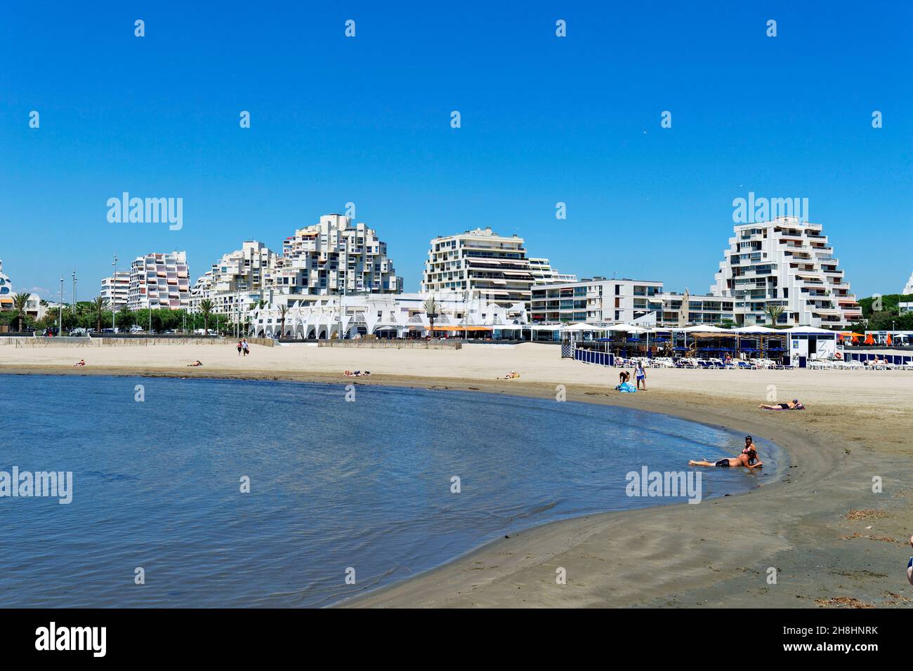 France, Herault, La Grande Motte, the resort beach with pyramidal ...