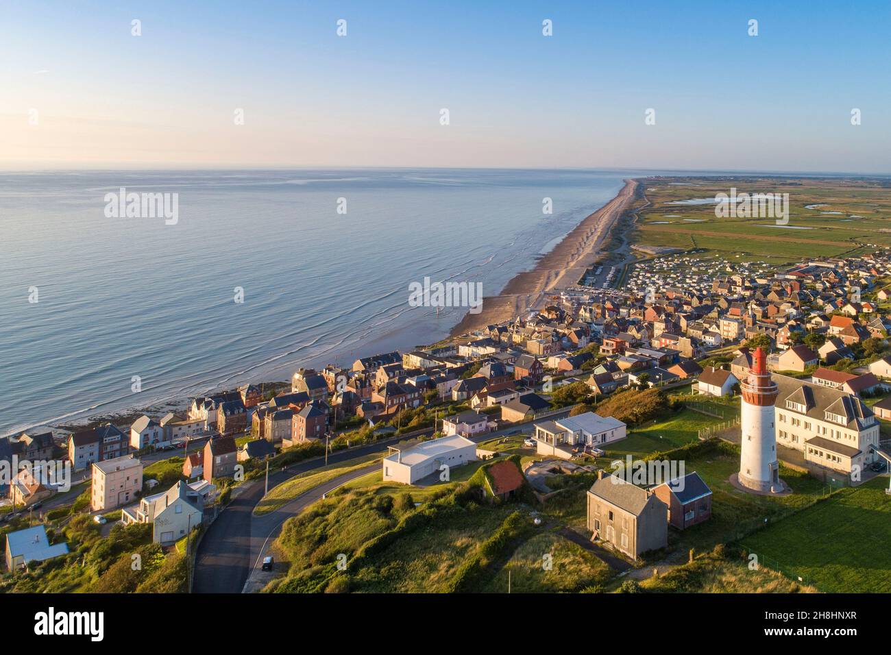 France, Somme, Ault, the village and its lighthouse (aerial view Stock ...