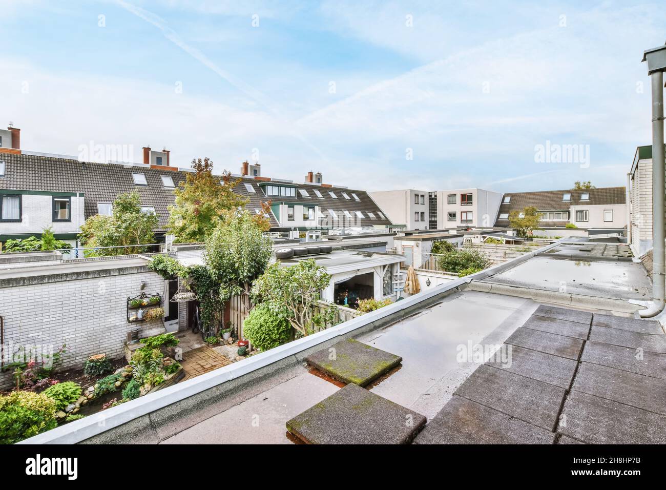 Flat roof of the building and views of other buildings and trees Stock ...