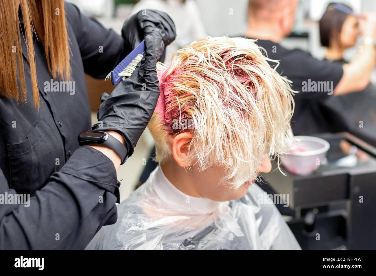 The professional hairdresser uses a brush to apply the pink dye to the ...