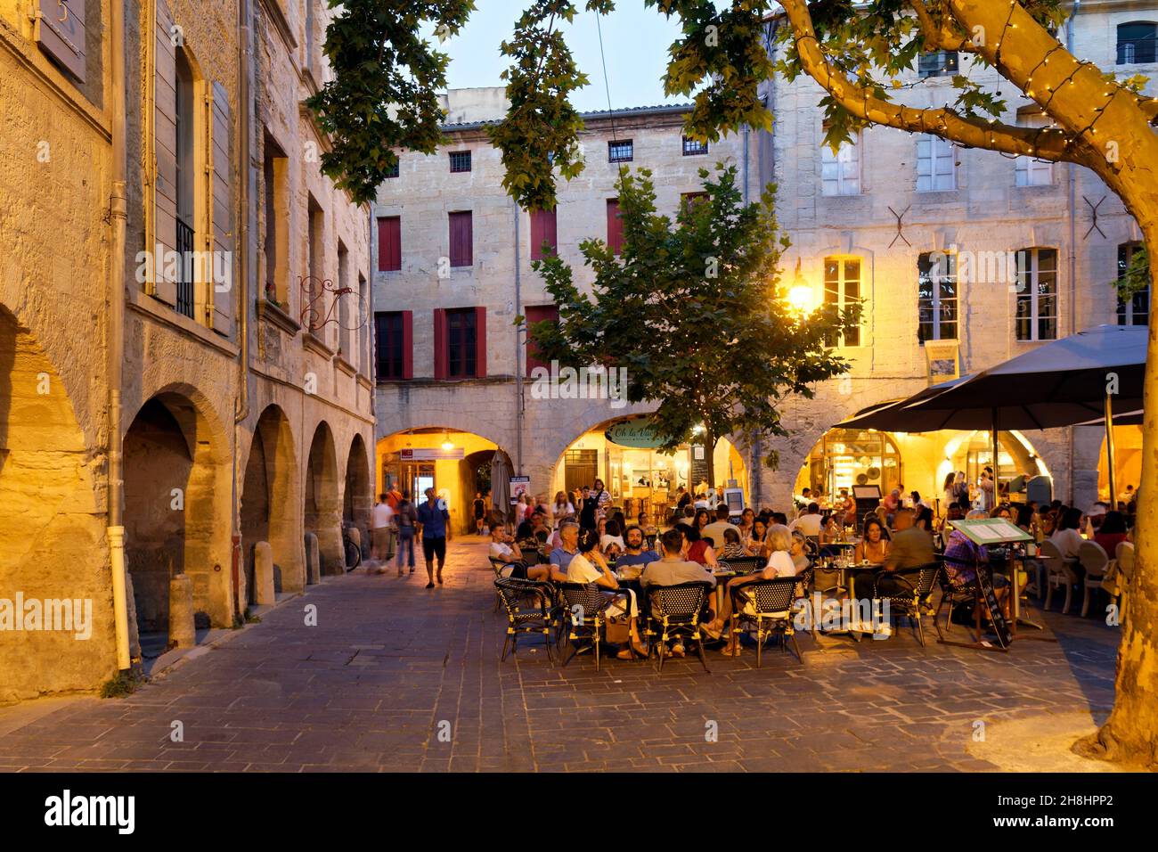 France, Gard, Pays d'Uzege, Uzes, the Place aux Herbes surrounded by ...