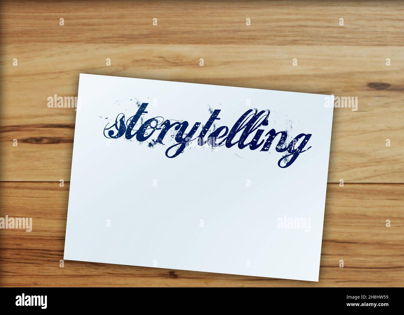 The word Storytelling on page and wooden desk background. Business ...