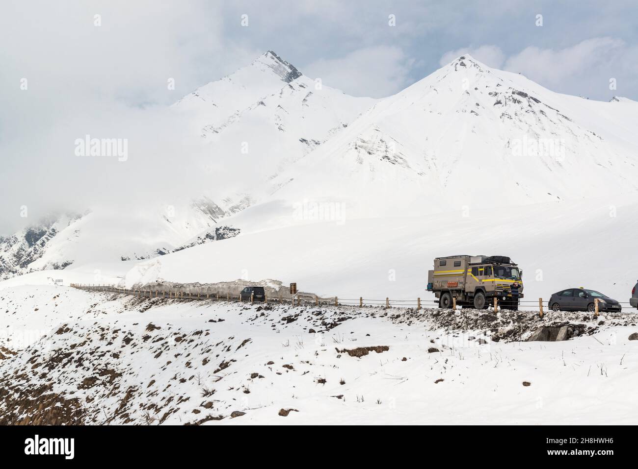 Jvari Pass, part of the Georgian Military road after snowfall. Mtskheta ...