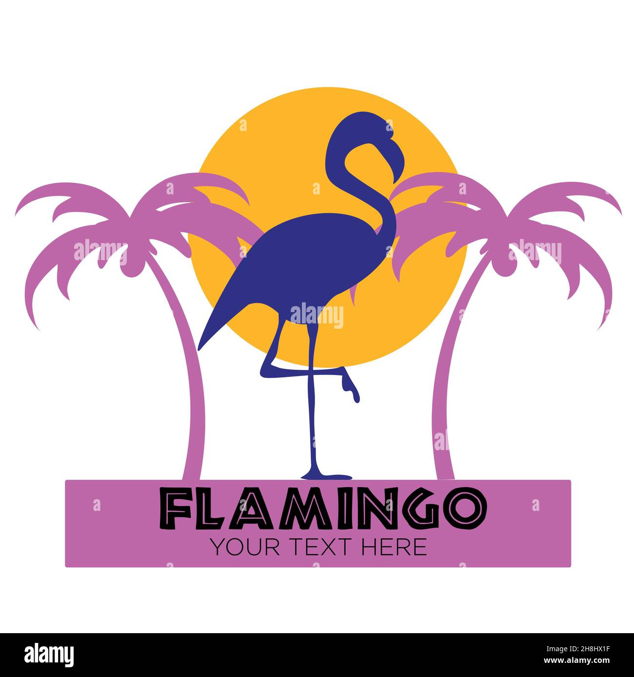 Flamingo logo in blue with pink palm trees and a sunset sun with ...