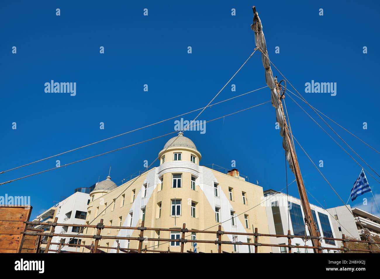 the University building and the mythical ship Argo in the port of Volos ...