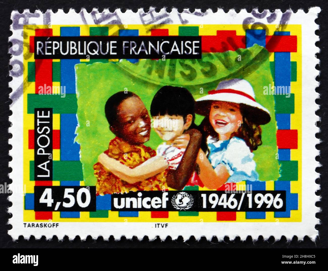 FRANCE - CIRCA 1996: a stamp printed in the France shows UNICEF Emblem ...