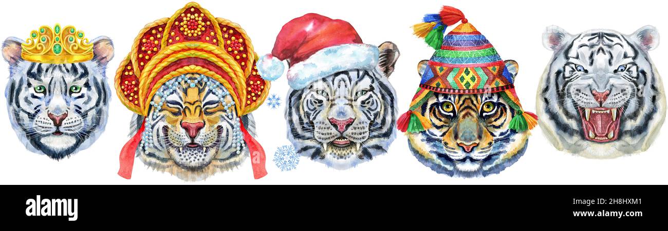 Watercolor illustration of tigers in a golden crown, Russian kokoshnik ...