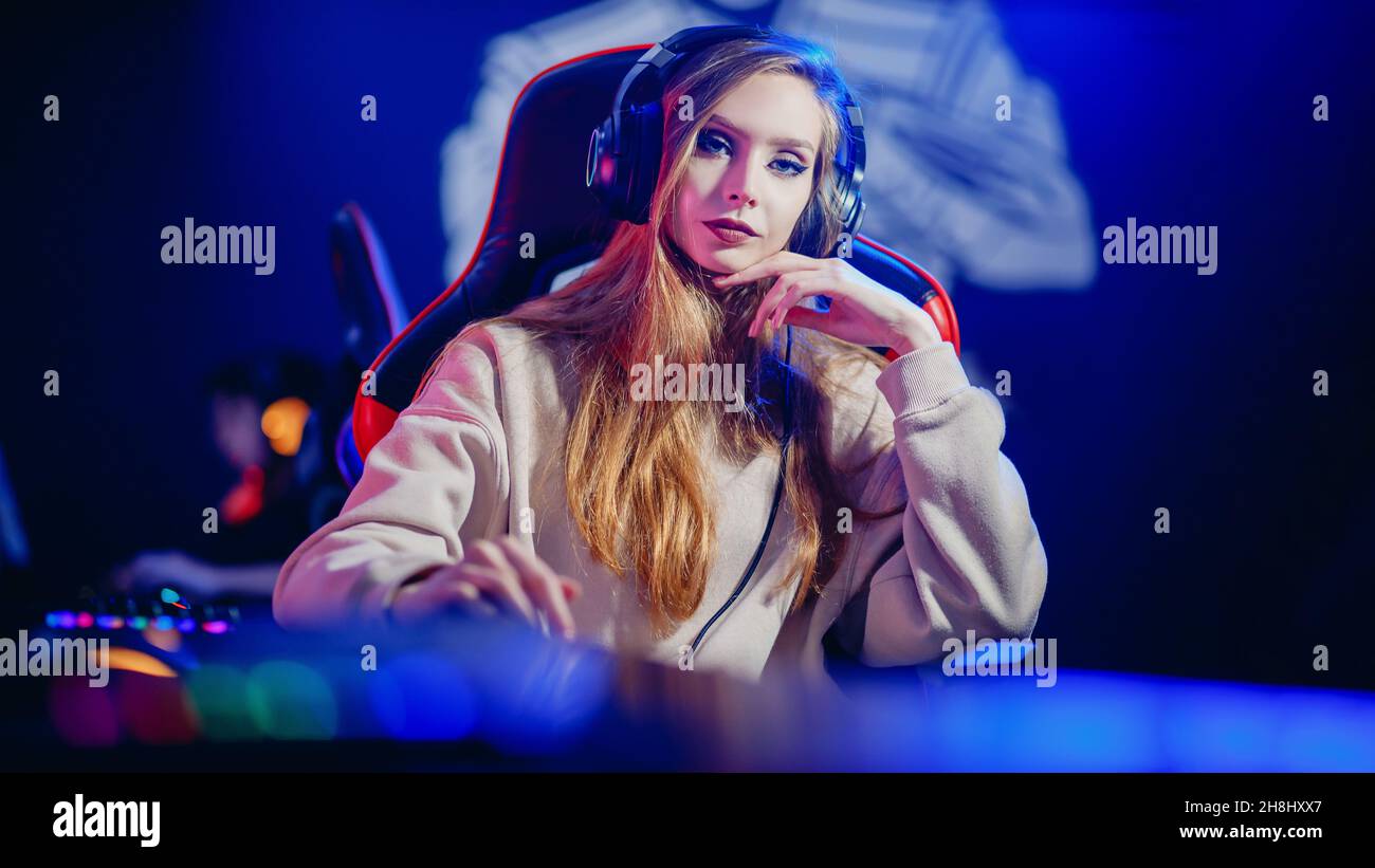Happy streamer caucasian young woman professional cyber gamer online ...