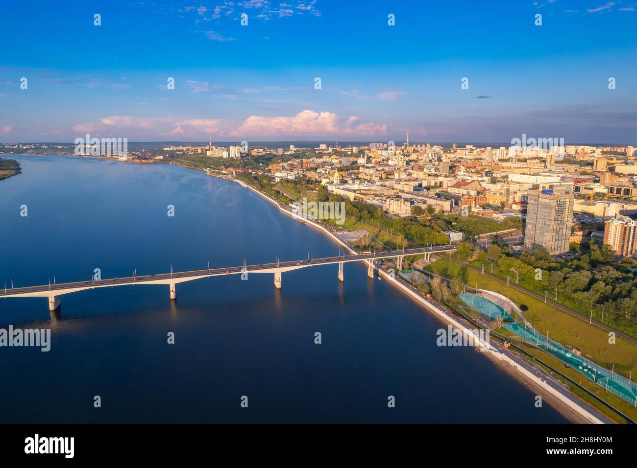 Aerial top view panorama city Perm and central embankment of Kama river ...