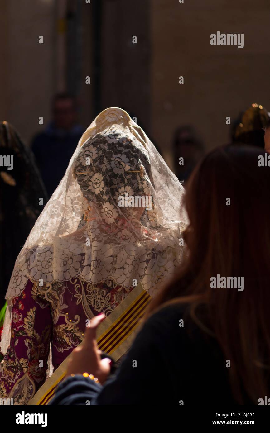 Traditional Fallera Costume with peineta and mantilla. The Valencia ...