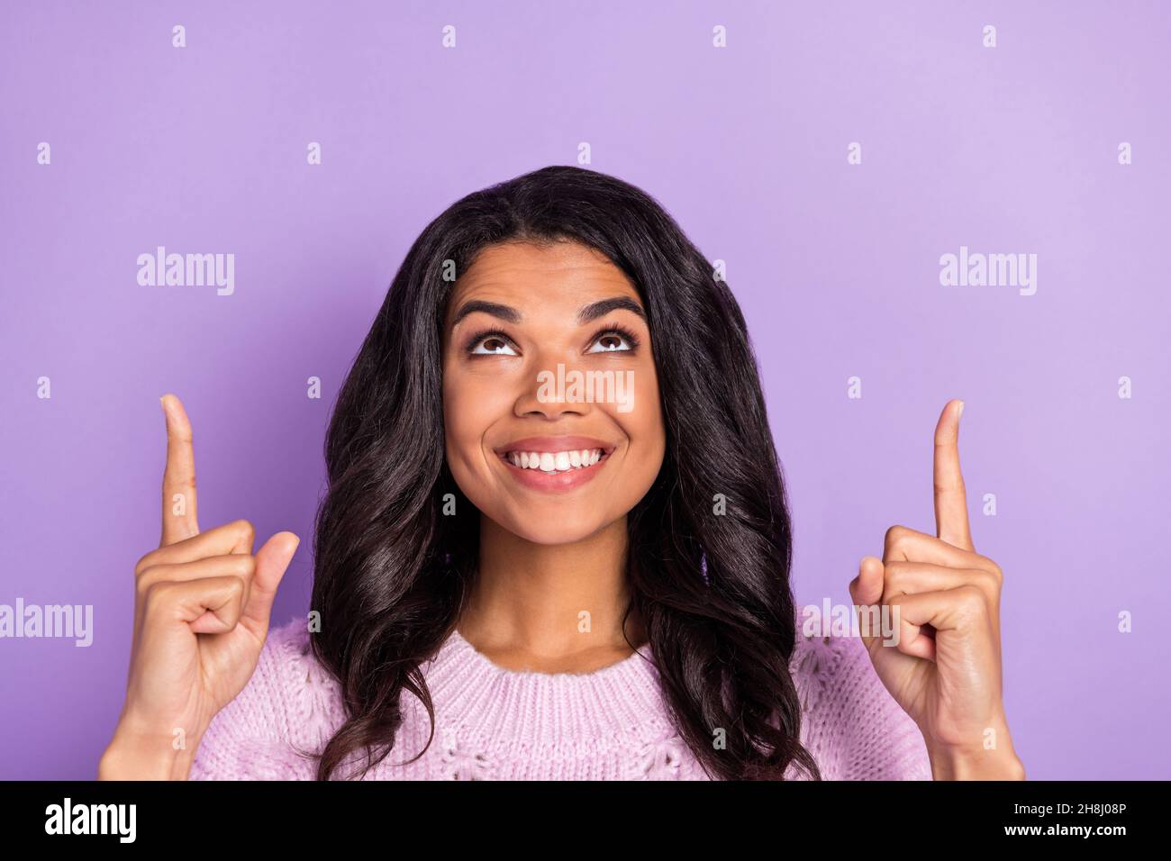 Photo of young african girl happy smile look point fingers up ad ...