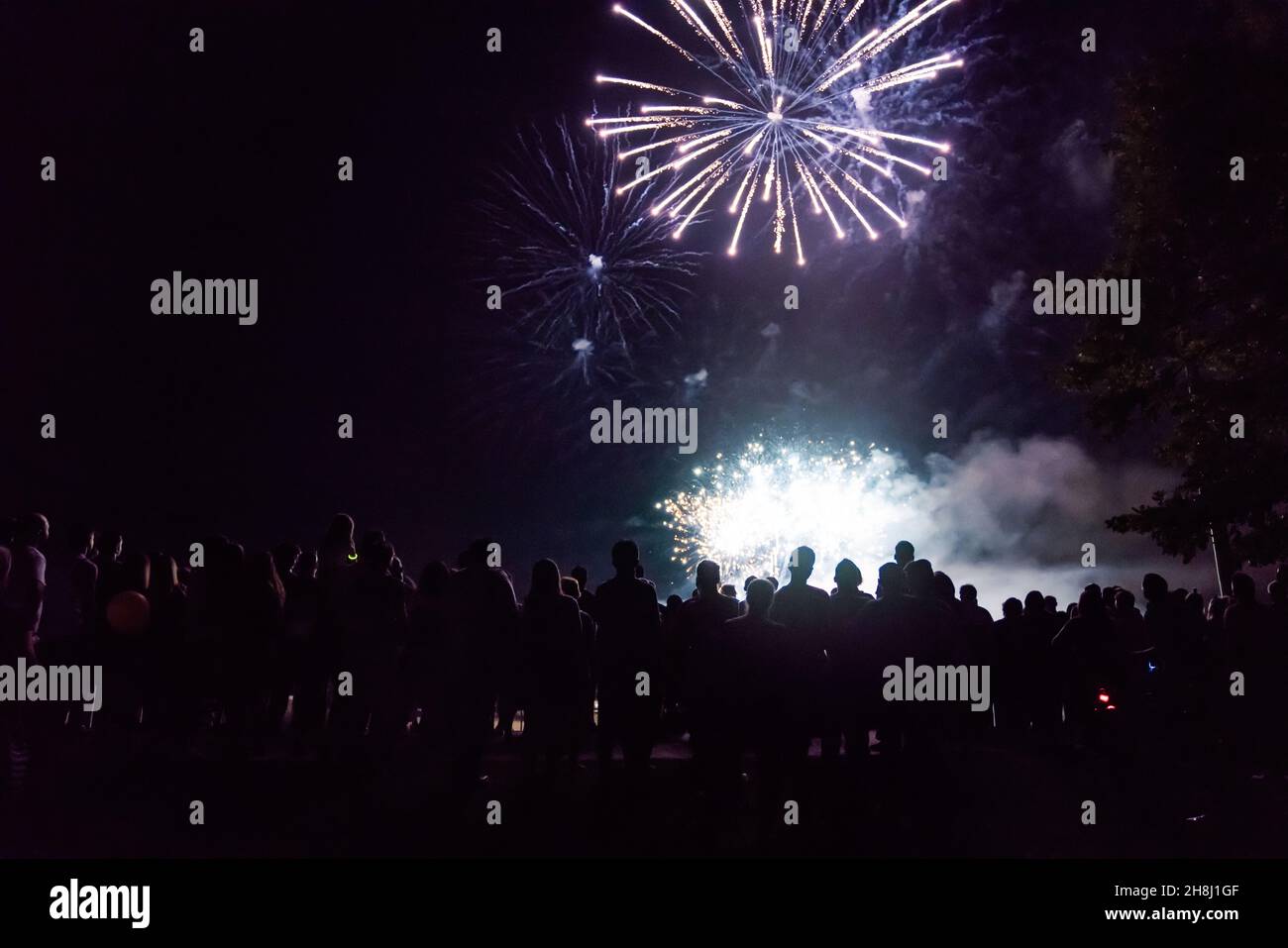 New year concept - cheering crowd and fireworks Stock Photo - Alamy