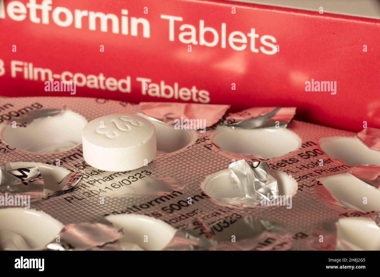 Metformin. Medical still-life of tablet and box for the maintenance of ...