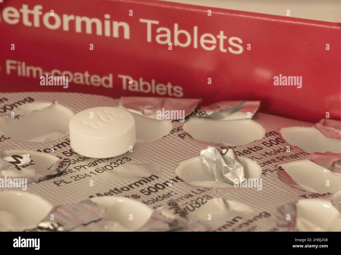 Metformin. Medical still-life of tablet and box for the maintenance of ...