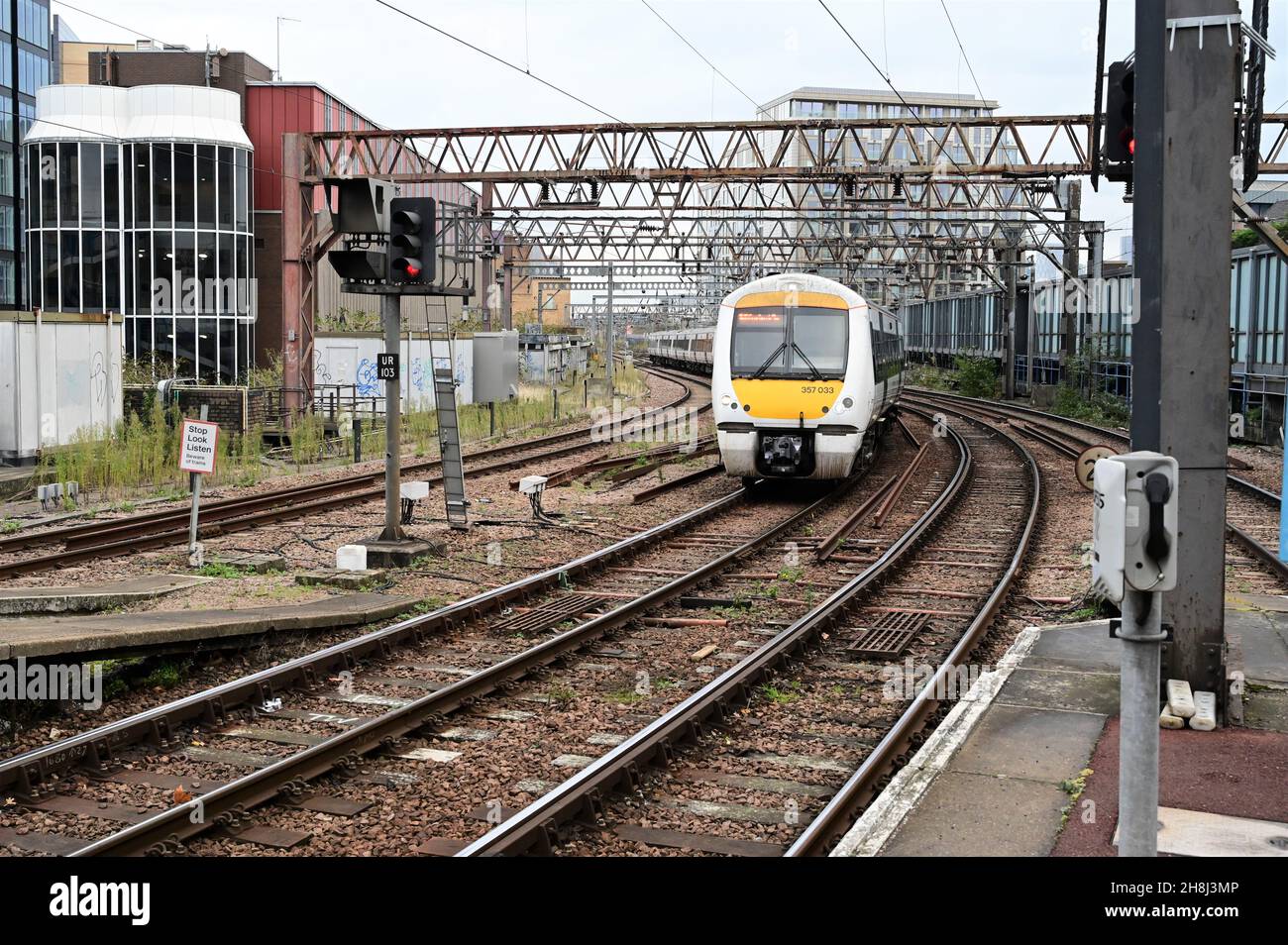 A class 357 electric train arrives at Fenchurch street station in ...
