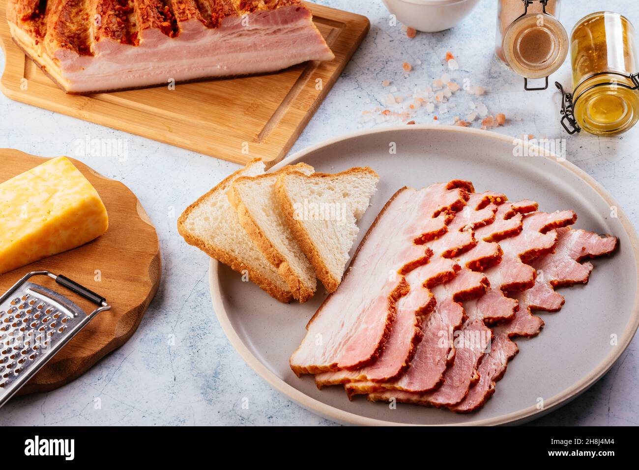 ham toast on a light background Stock Photo - Alamy