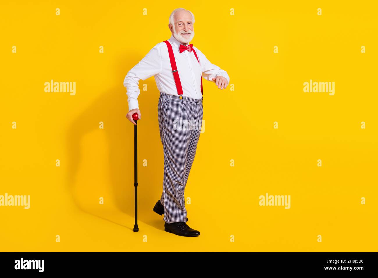 Full length photo of funny old man with stick go wear tie shirt ...