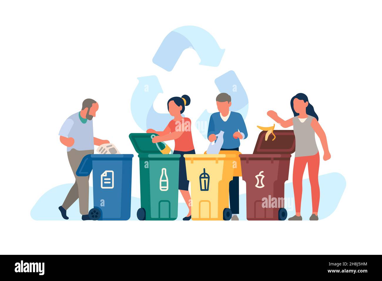 People sorting garbage. Men and women throw out trash in plastic color dumpsters, eco containers ...