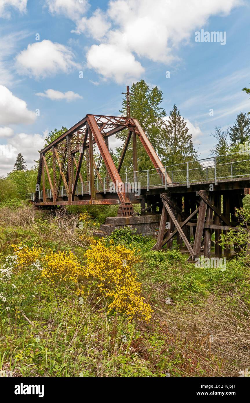 Small, rusty old girder bridge over water in Lake Wilderness ...