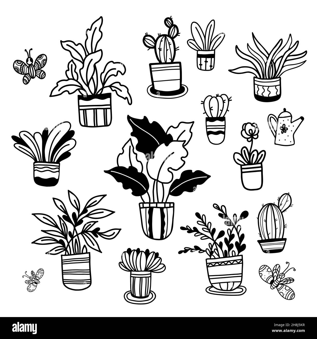 Big Set of hand drawn flower in pots illustrations, houseplants, cactus ...