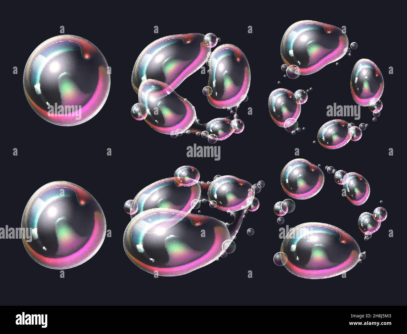 Soap bubble division stages. Realistic rainbow balls distortion ...