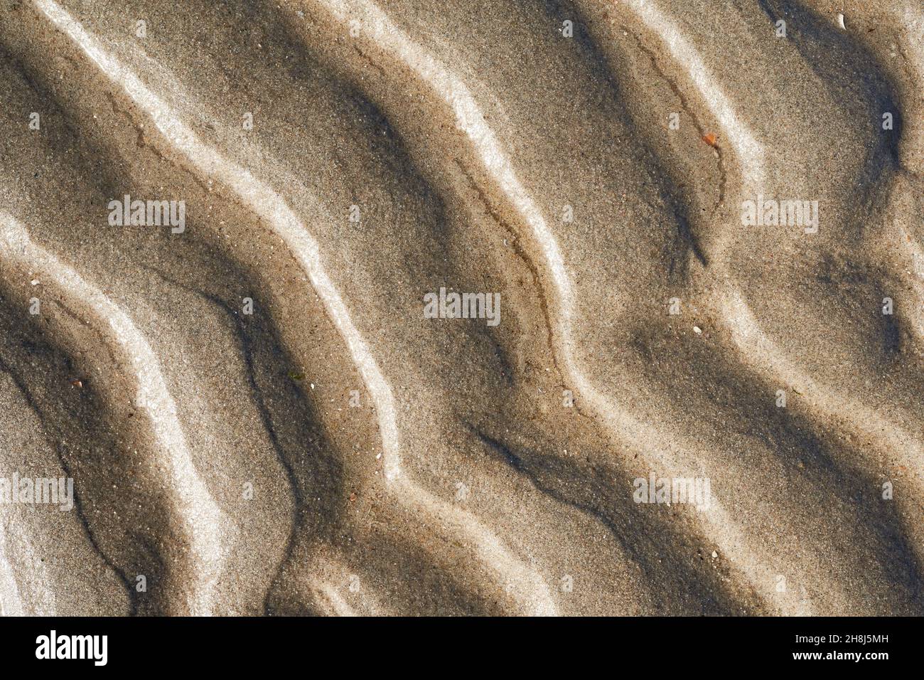 Sand on beach from above. Close-up pattern and structure run diagonally ...