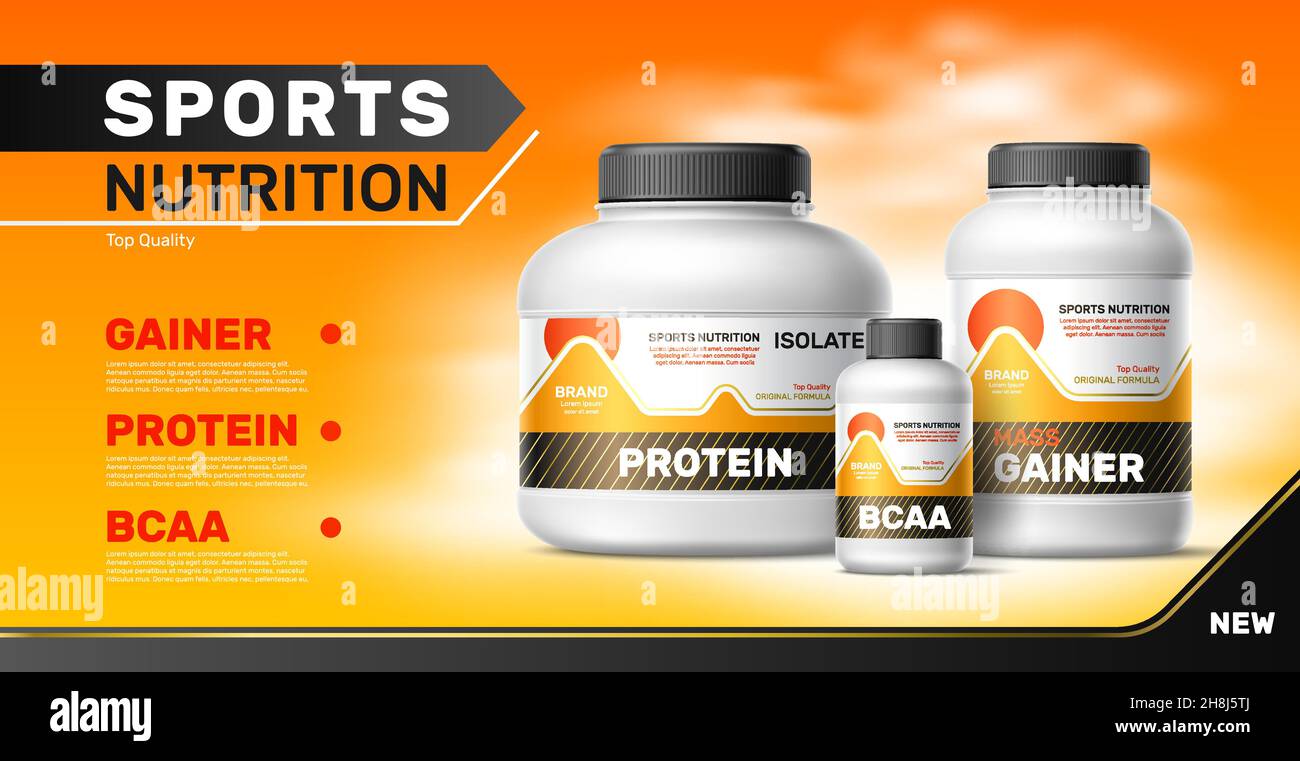 Realistic sports supplements. Plastic containers with whey protein ...