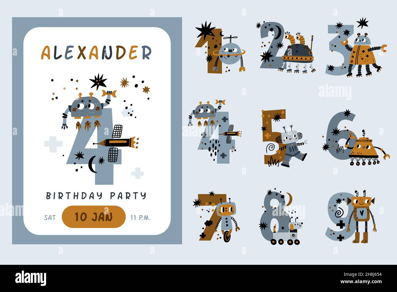 Kids anniversary numbers. Birthday party decor, cute robots, boys theme ...