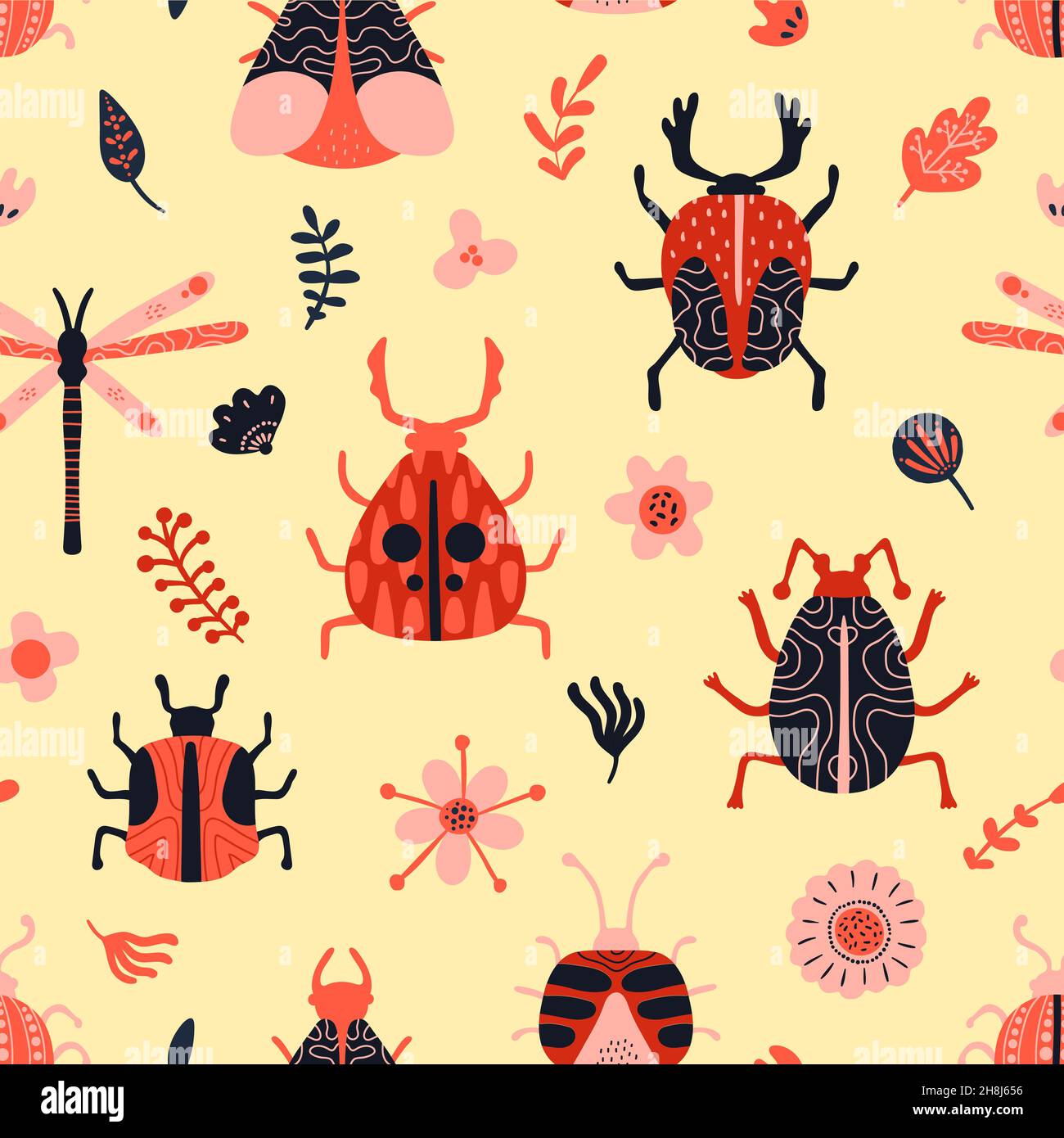 Cute insects seamless pattern. Funny repeat bugs and dragonflies ...