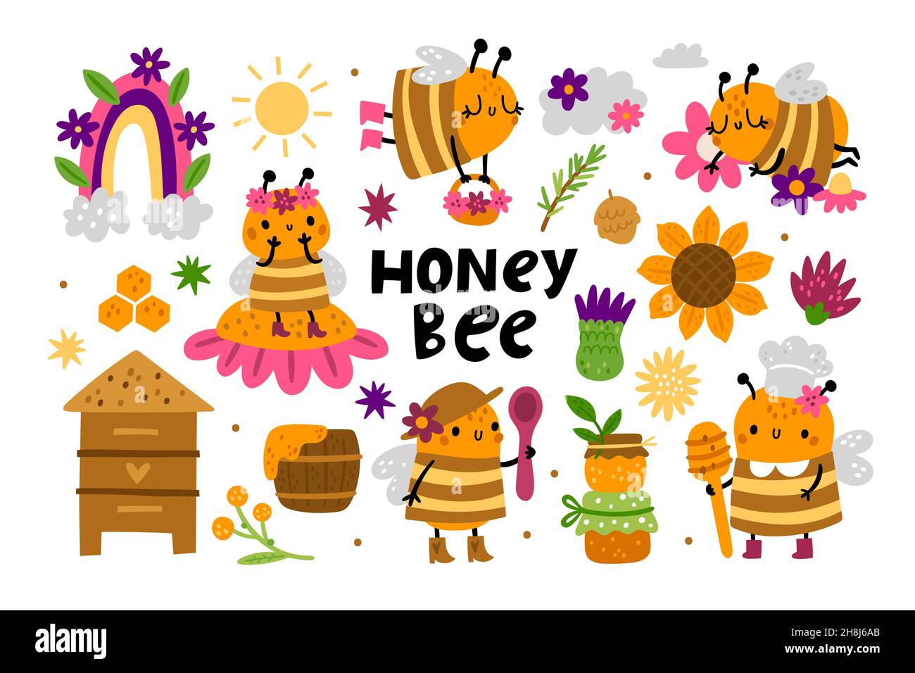 Cute honey apiary. Funny little buzzing bees fly, collect honey and sit ...