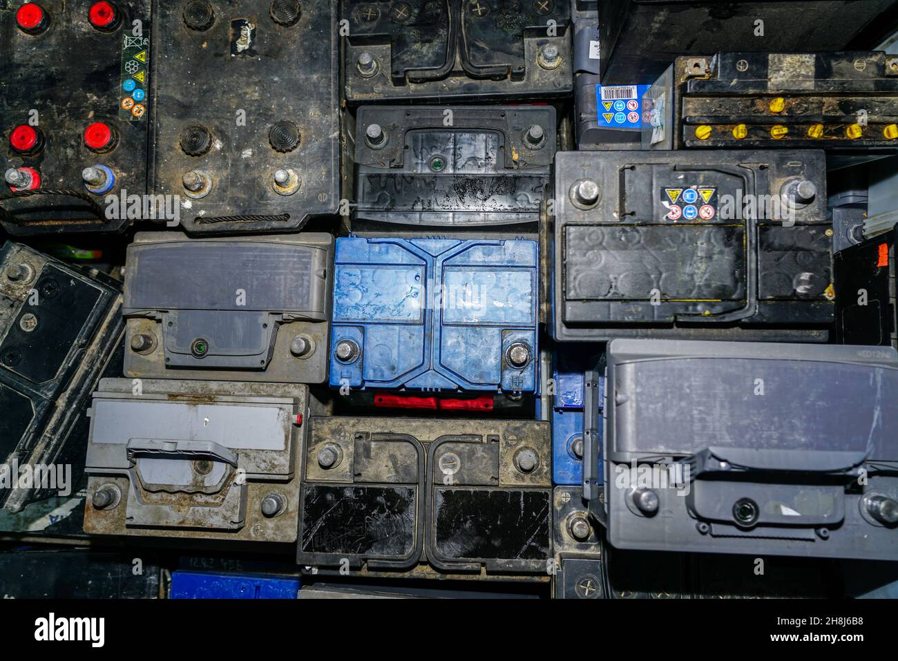 top view of many used car batteries waiting to be recycled in an ...